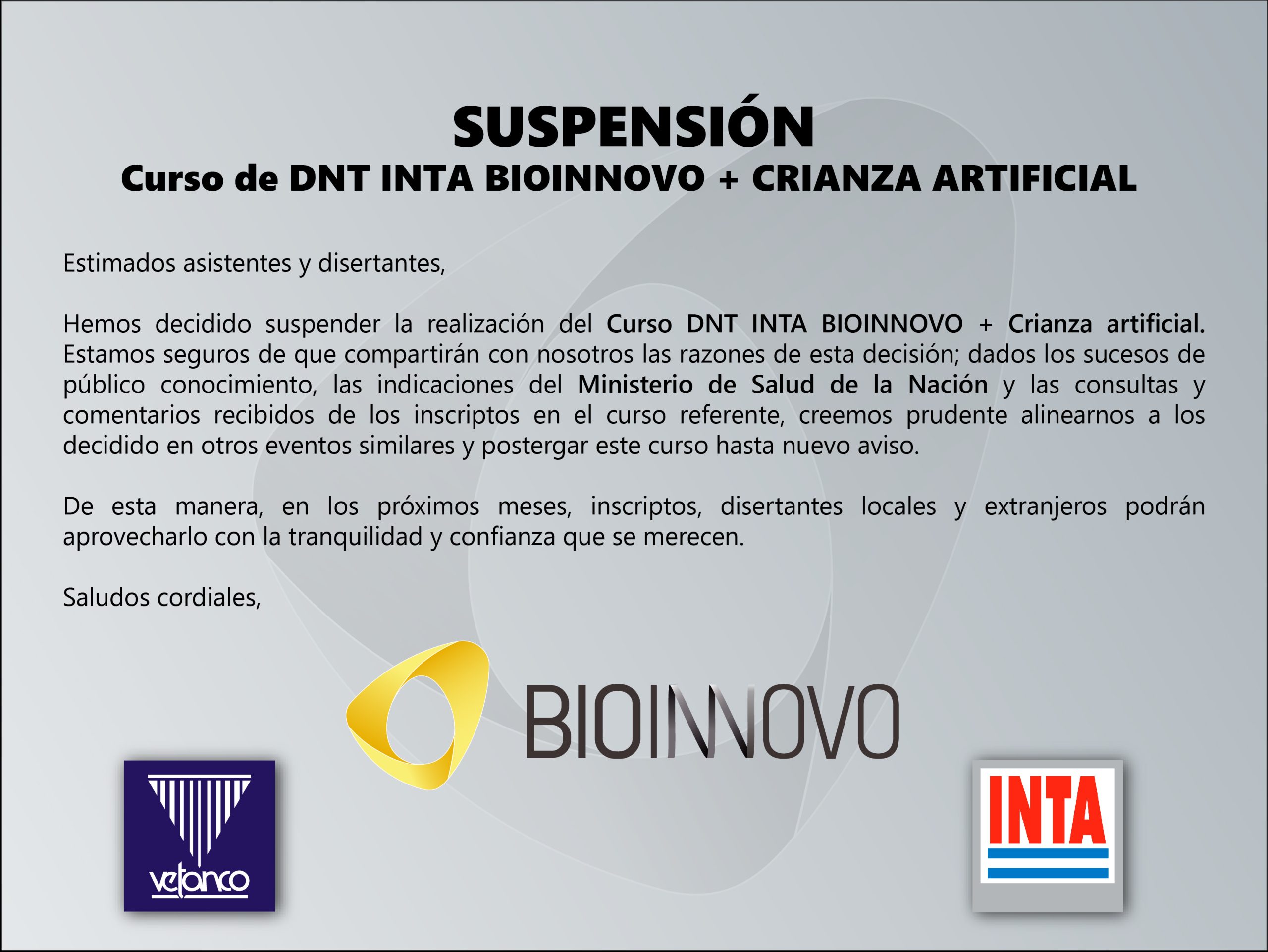 SUSPENSIÓN Curso de DNT INTA BIOINNOVO + CRIANZA ARTIFICIAL - Vetanco ...